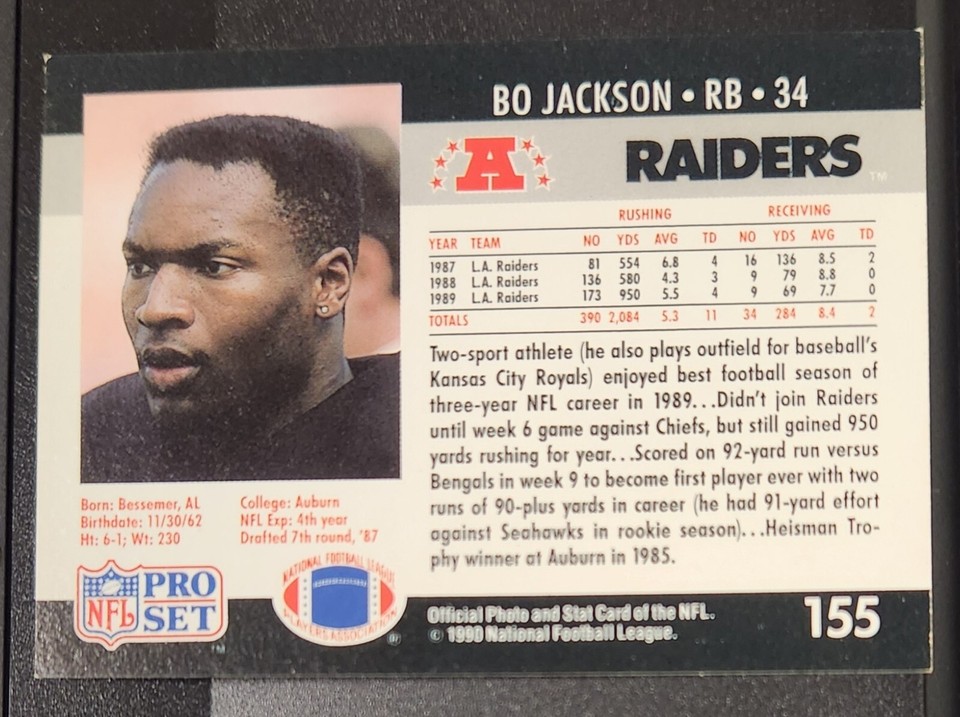 1990 Bo Jackson Pro Set Football Rookie Card RC #155 NFL Los Angeles ...