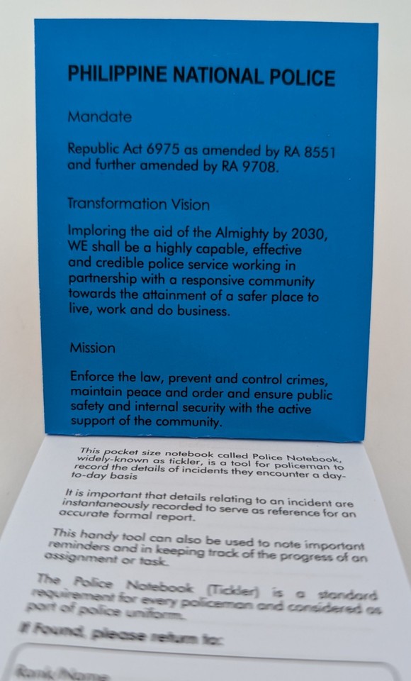 Philippine PNP Police Pocket Size Notebook Official Tickler Record ...