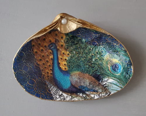 Decoupage Seashell Peacock with Faux Pearl, Trinket Dish or Natural ...