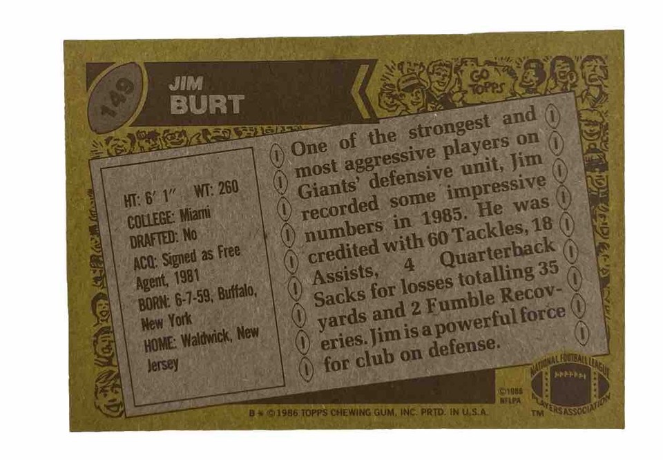 Jim Burt 1986 Topps #149 New York Giants | eBay