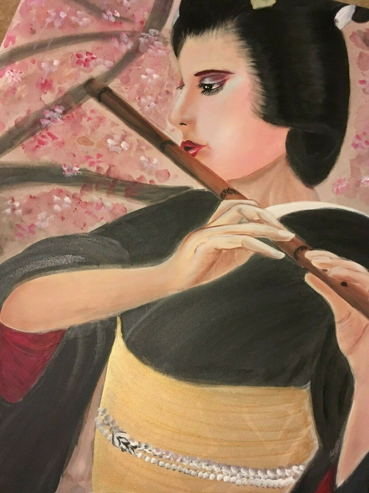 Japanese Geisha playing Shinobue 30" x 40" Original Acrylic Painting ...