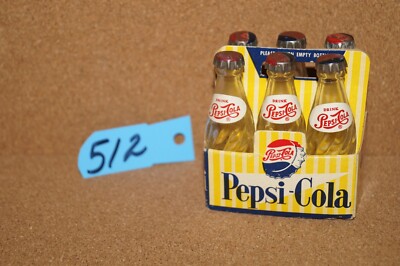 Vintage Pepsi-Cola Yellow 6-pack Carton w/ 6 Glass Pepsi bottles w ...