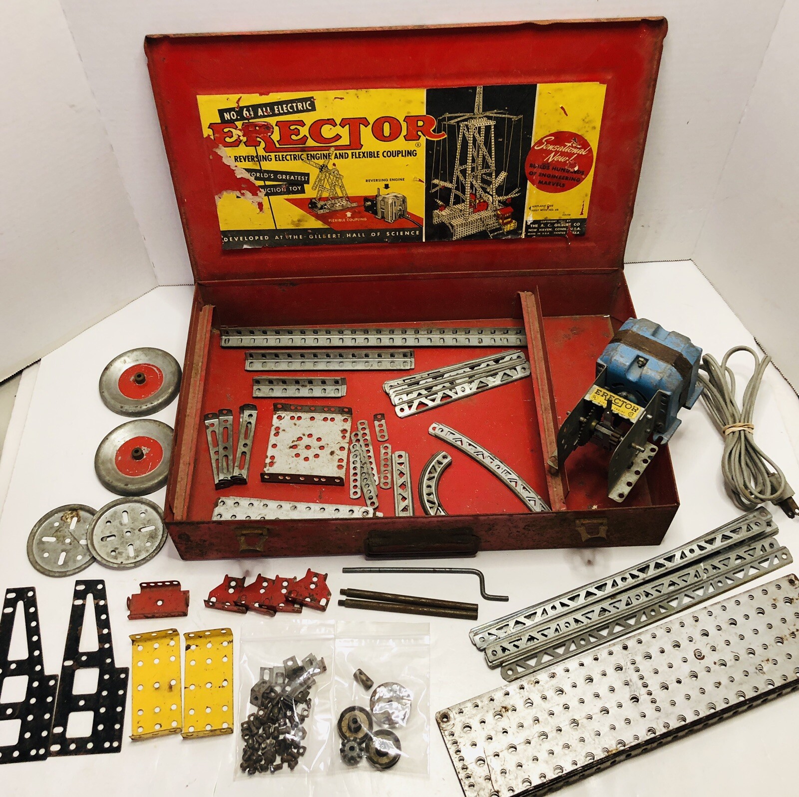 1954 A.C. Gilbert Erector Set 6 1/2 w/ Working Electric Motor & Parts ...