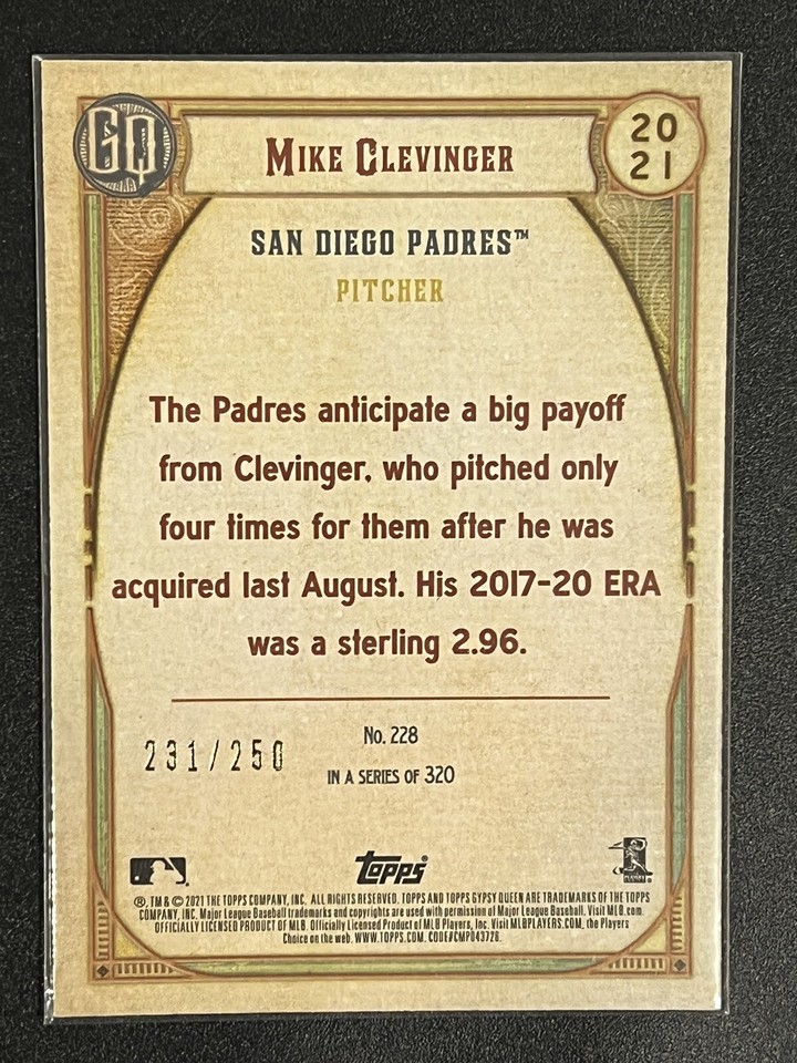 Mike Clevinger 2021 Gypsy Queen Indigo Parallel /250 #228 San Diego ...