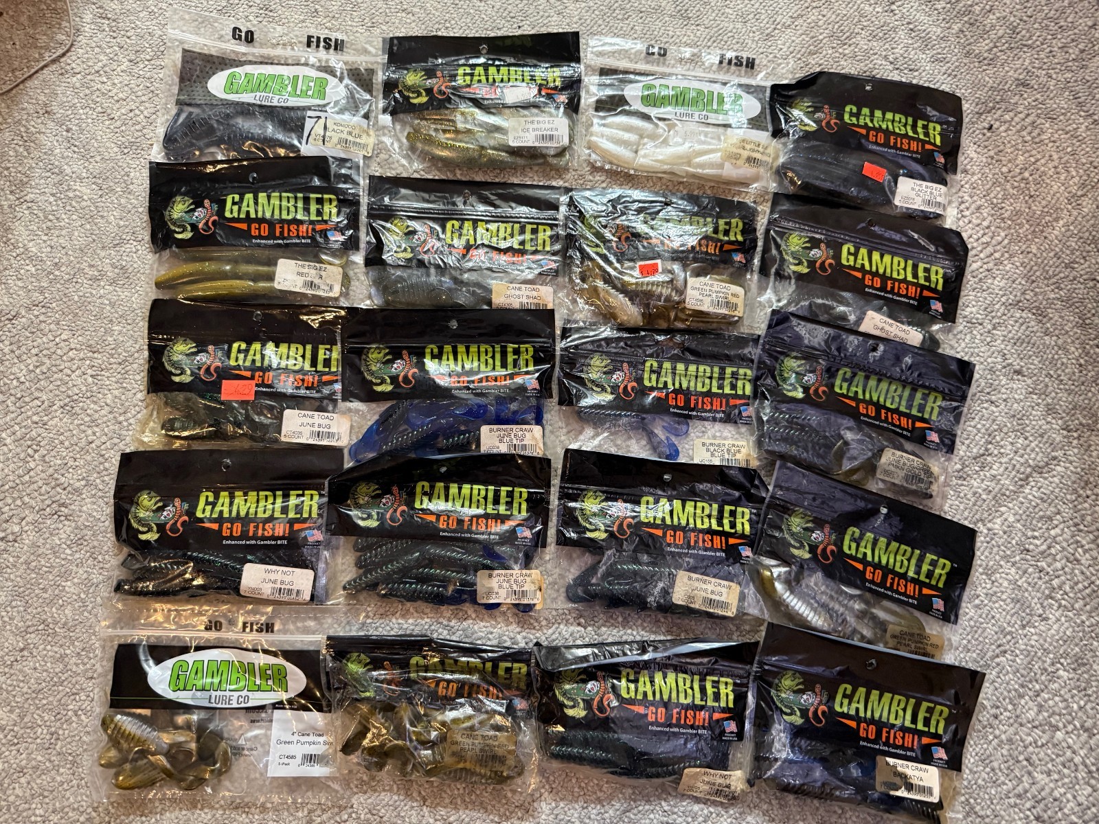 (LOT OF 20) GAMBLER LURES BURNER CRAW EZ CANE TOAD WHY NOT CREATURE MIX ...