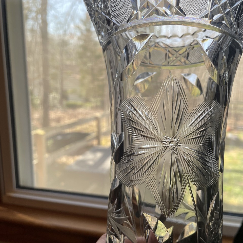 American Brilliant Floral Hobstar Cane Cut Glass Corset Vase ABP 12 ...