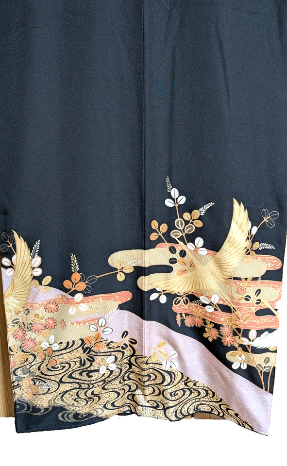 Vintage Japanese Black Tomesode Kimono – Gold Crane Design, Silk, 5 ...