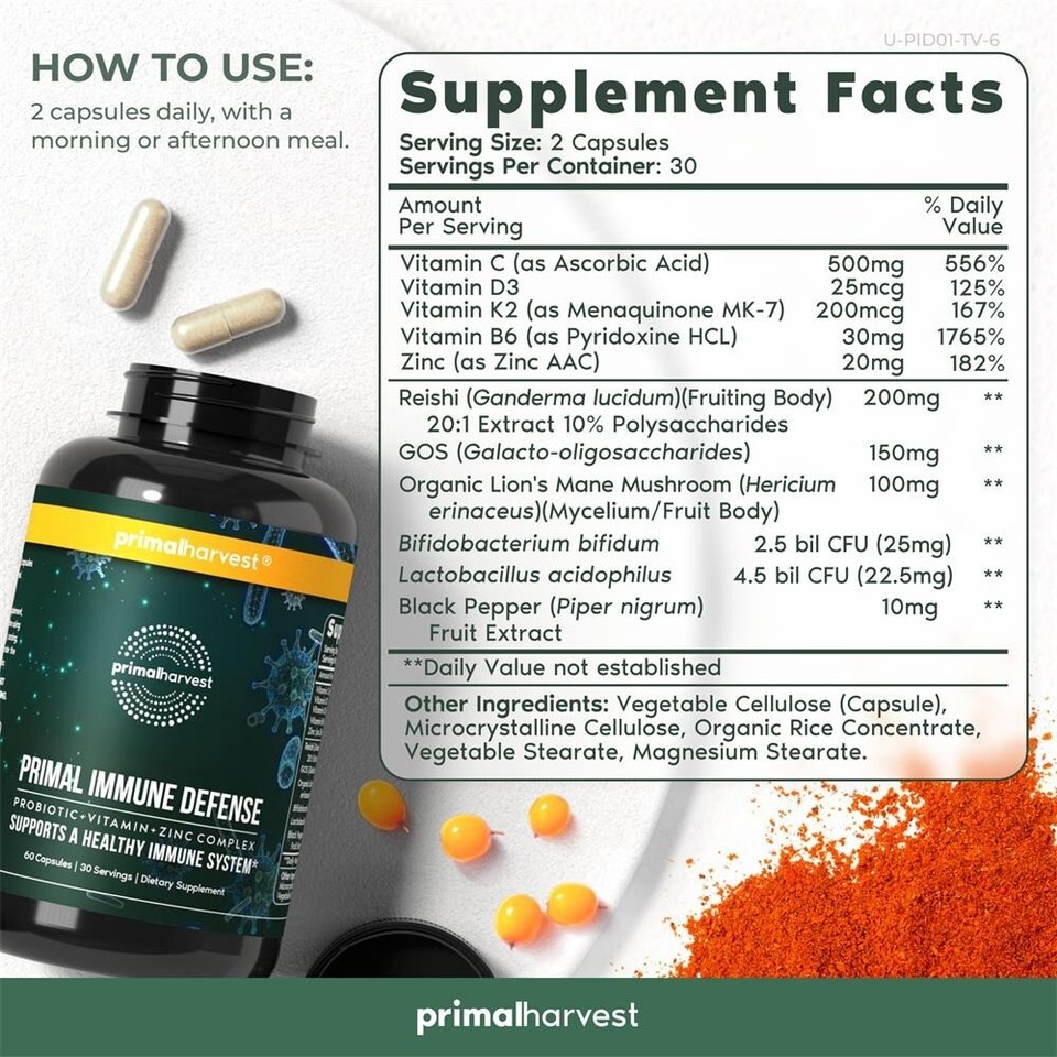 Primal Harvest Immune Defense Support Supplement 60 Capsules for Women ...