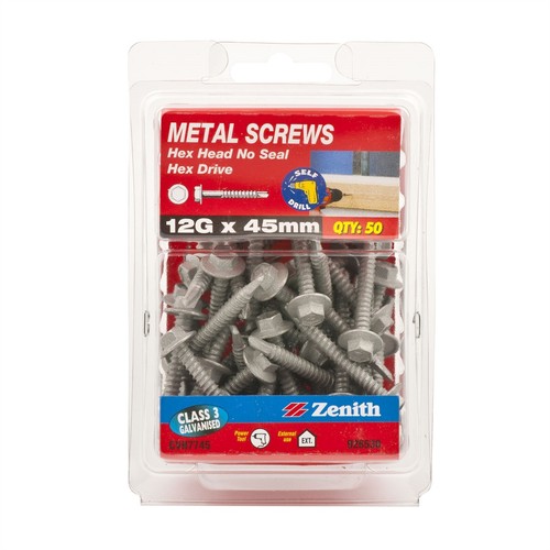 Zenith 12G x 45mm Galvanised Hex Head Metal Screws - 50 Pack Fasteners ...