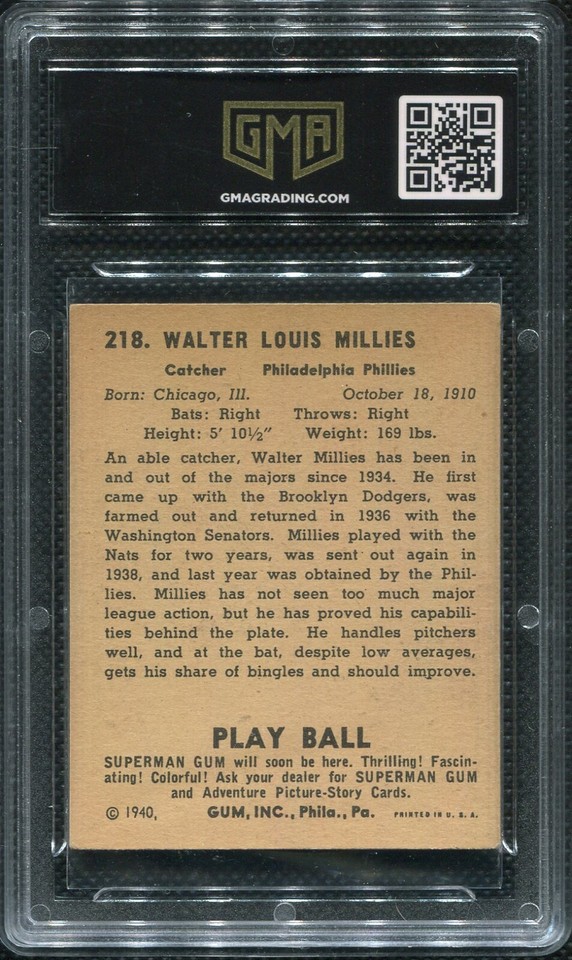 1940 Play Ball R335 #218 Wally Millies Philadelphia Phillies - Rookie ...