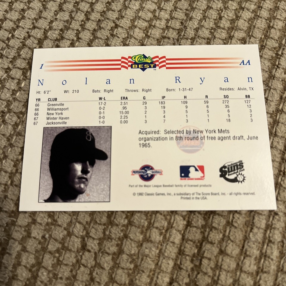 1992 CLASSIC BEST NOLAN RYAN JACKSONVILLE SUNS #1 | eBay