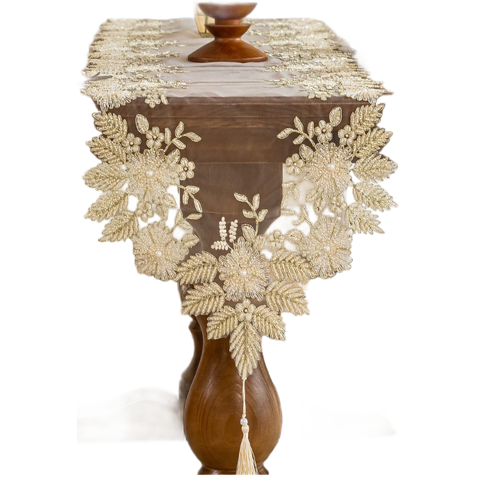 White Gold Beaded Embroidered Lace Table For RUNNER for Dining Table ...