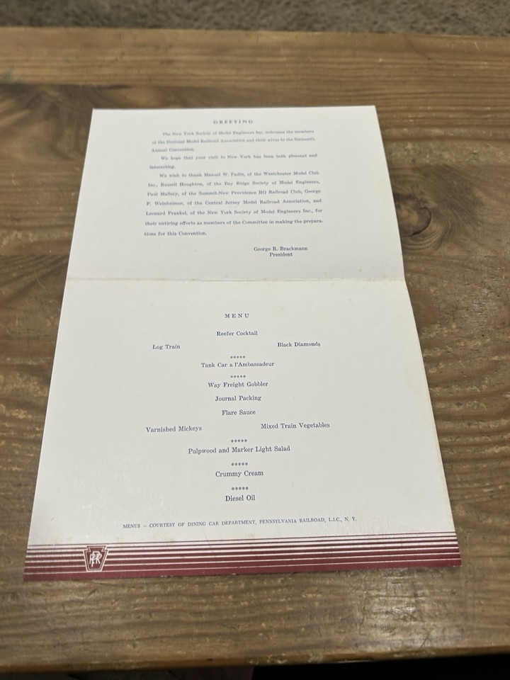 1951 NMRA 16th Convention Broadway Limited Menu Pennsylvania Railroad ...