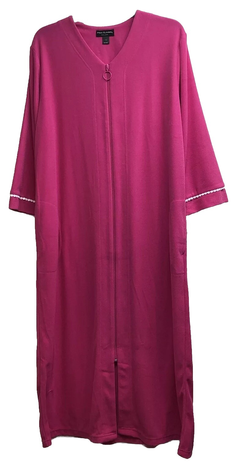 Miss Elaine Zip-Front Midi Pink Robe 3/4 Sleeves Pock… - Gem