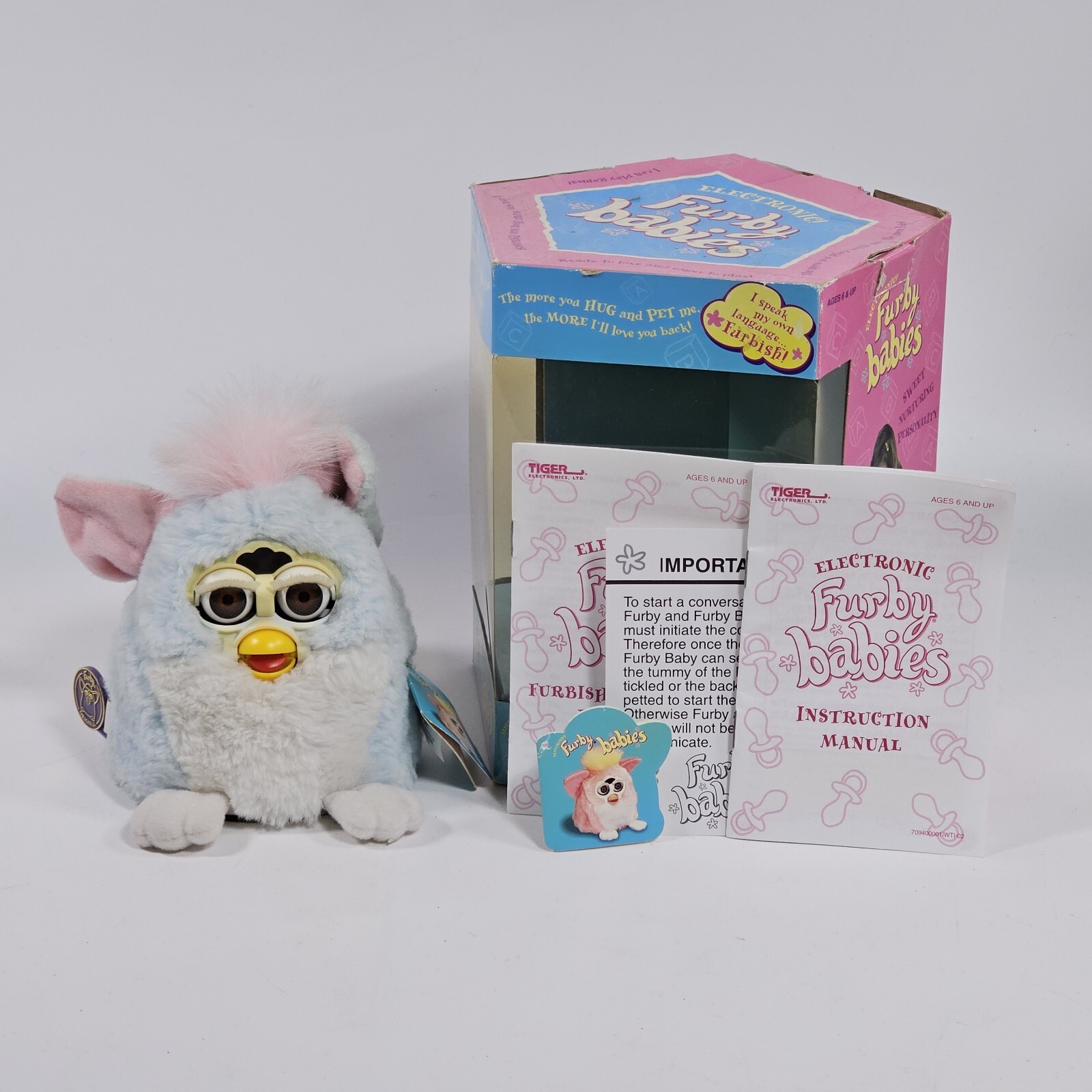 Vintage 1999 Furby Babies Baby Blue, Pink, Brown Eyes Tiger (not working)