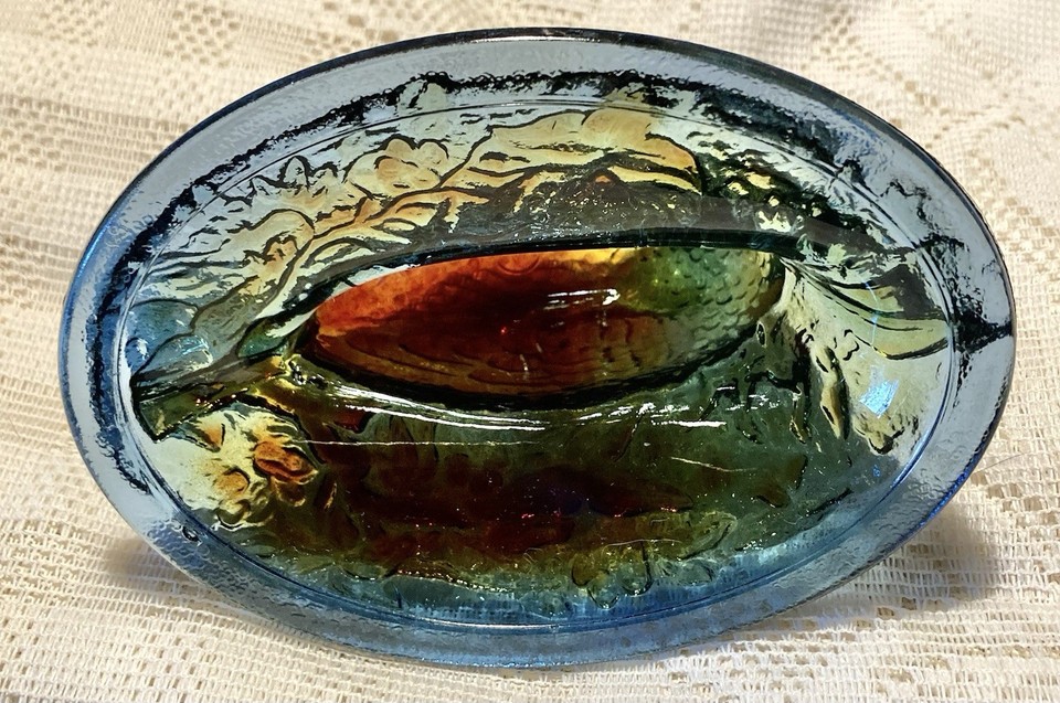 Degenhart Dark Blue Green Red Glass Robin Bird with Berry on Nest Candy ...