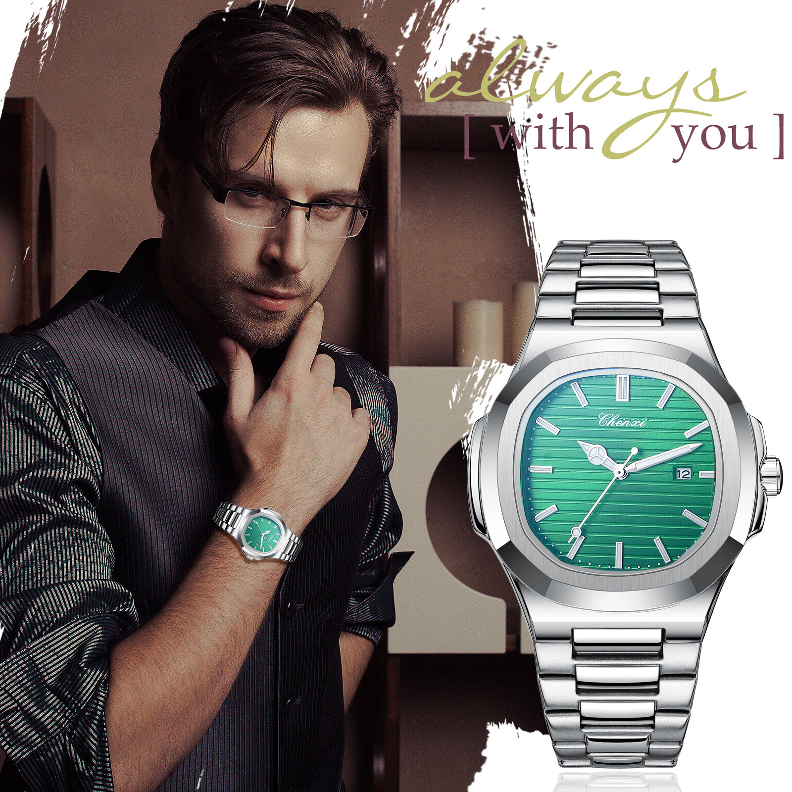 Men's Classic Square Stainless Steel Luminous Date Quartz Wrist Watch ...