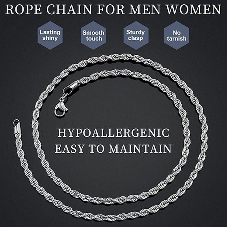 Men Women Stainless Steel Silver 2mm/3mm/4mm/5mm Rope Necklace Chain ...