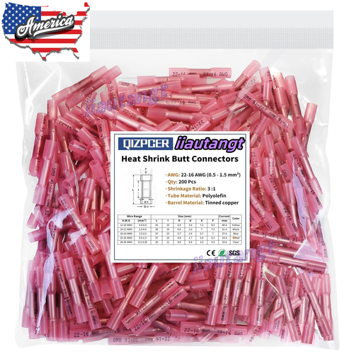 1000X 22-16AWG Red Heat Shrink Wire Butt Connectors Waterproof Splice ...