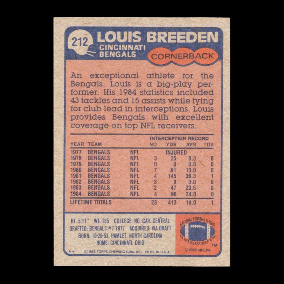 Louis Breeden 1985 Topps Cincinnati Bengals #212 Set Break Great ...