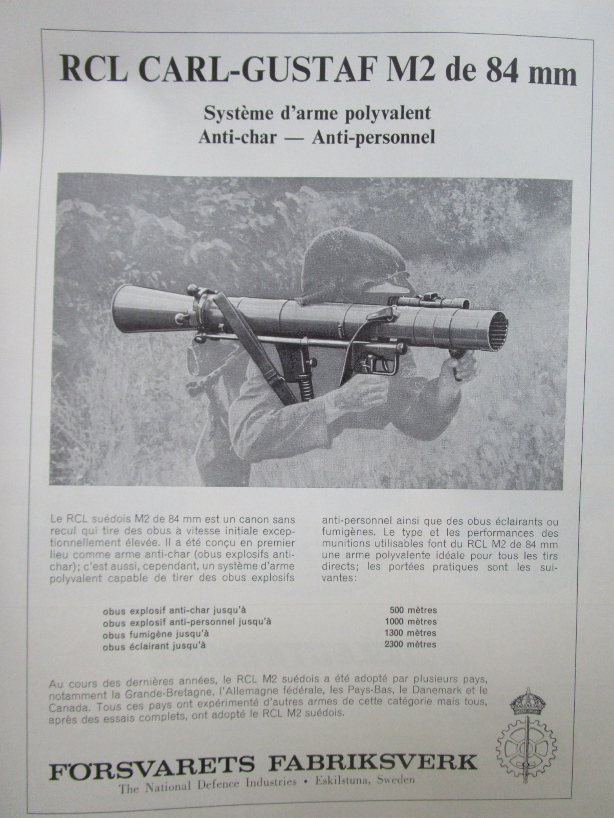 11/1966 PUB FFV SWEDEN RCL CARL GUSTAF M2 84 MM ANTICHAR ORIGINAL ...