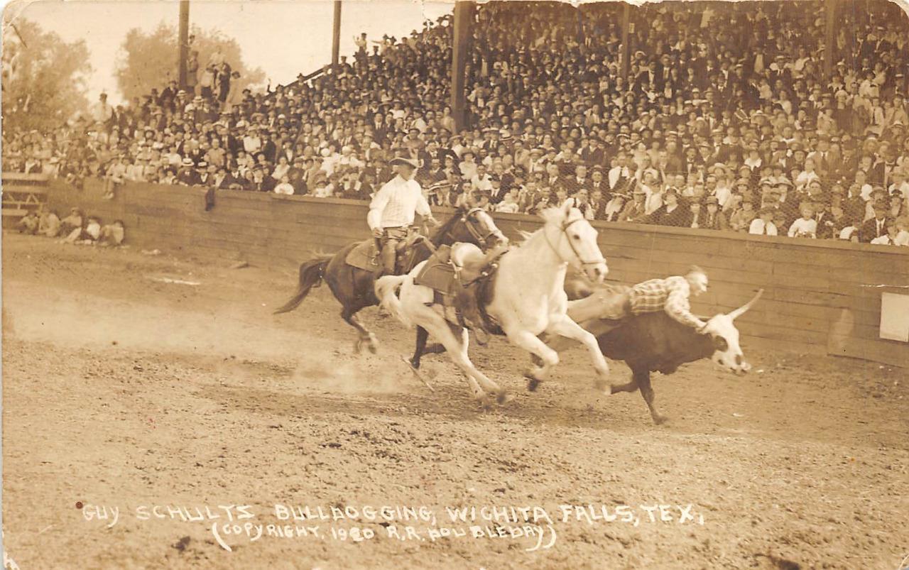 RPPC GUY SCHULTZ BULLDOGGING RODEO WICHITA FALLS TEXAS REAL PHOTO ...
