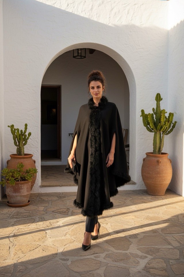 Nina Leonard Black wool faux fur trim one front Shawl cape sweater 1 ...