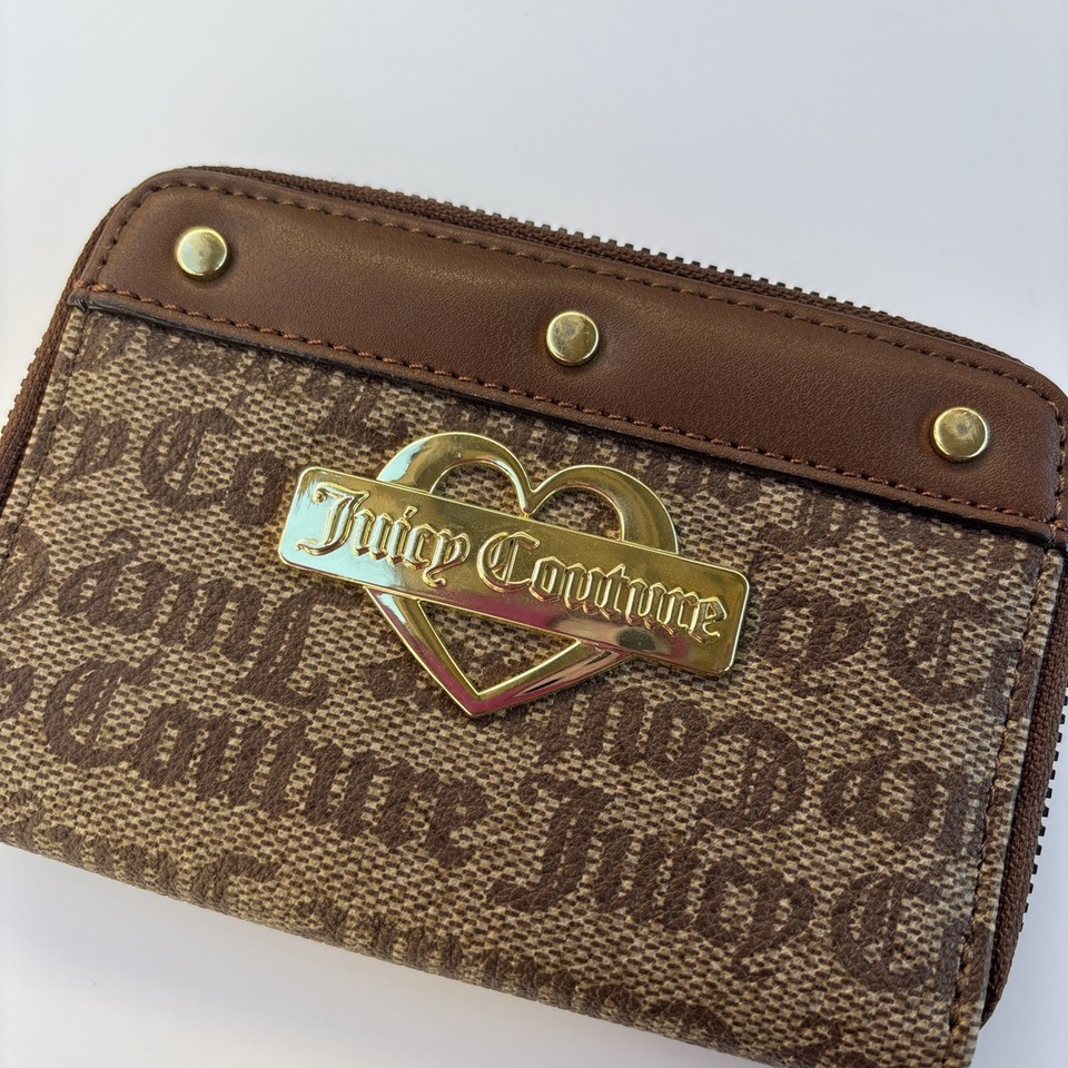 New Juicy Couture Wallet Gold Heart Double Zip Around Wallet Brown | eBay