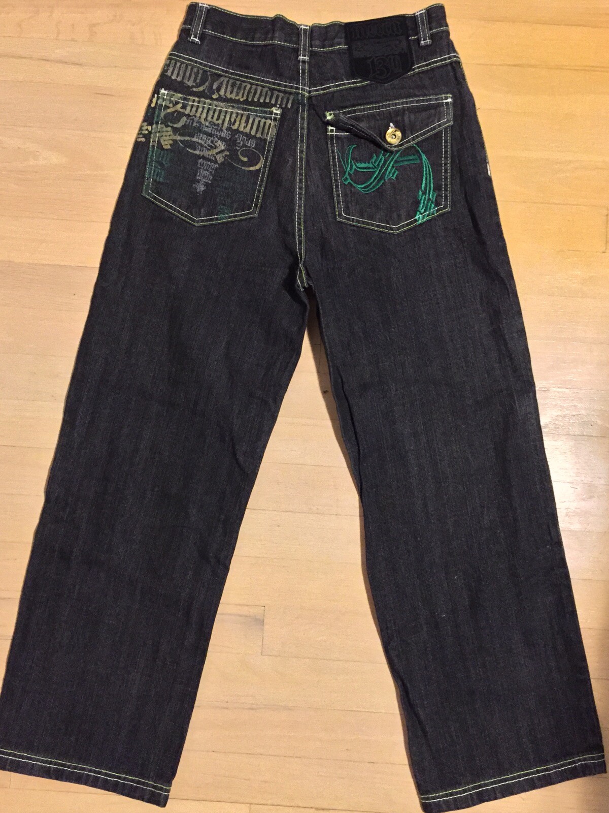 Mecca 14 Black Jeans 26x25 Embroidered Print Design hip hop streetwear ...