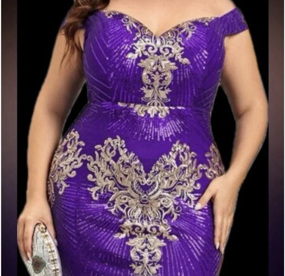 NWOT FAERIESTY SZ 4X PURPLE & GOLD SEQUIN Gown With Embroidered Detail ...