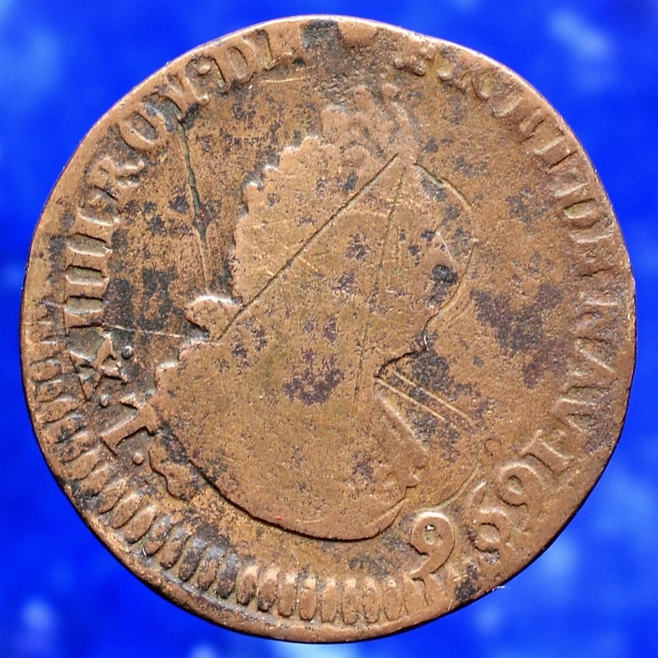 LOUIS XIV LIARD DE FRANCE 1696 L BAYONNE FRENCH KINGDOM COIN COLONIAL ...