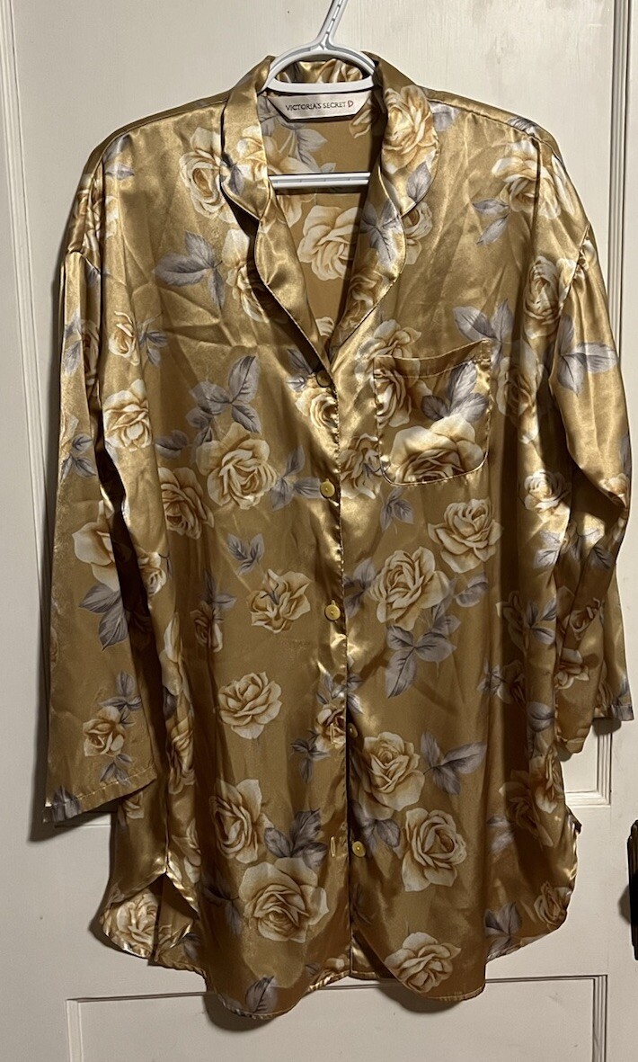 Vtg 90s Victoria's Secret Satin Sleep Shirt Gown S Go… - Gem