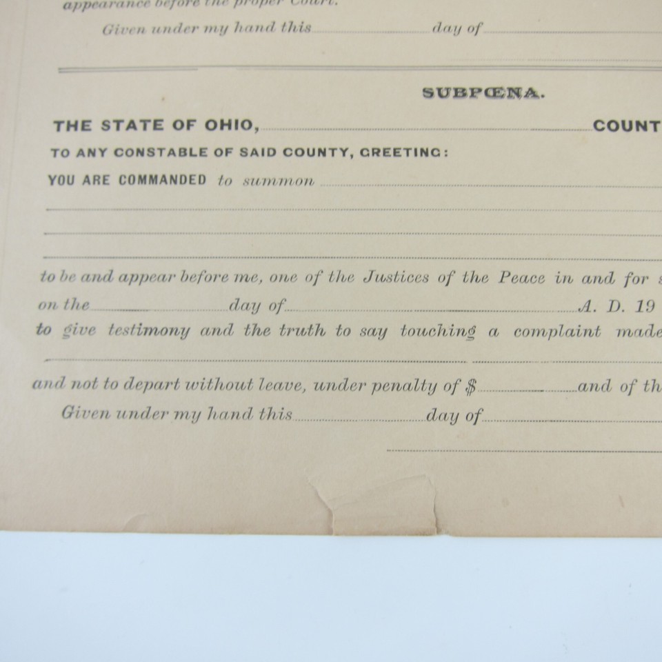 Ohio Peace Warrant Affidavit & Subpoena Record Form Blank Antique 1900 ...