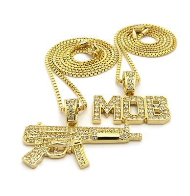 Hip Hop Iced Gold PT MOB & Gun Pendant w/ 24", 30" Box Chain 2 Necklace ...