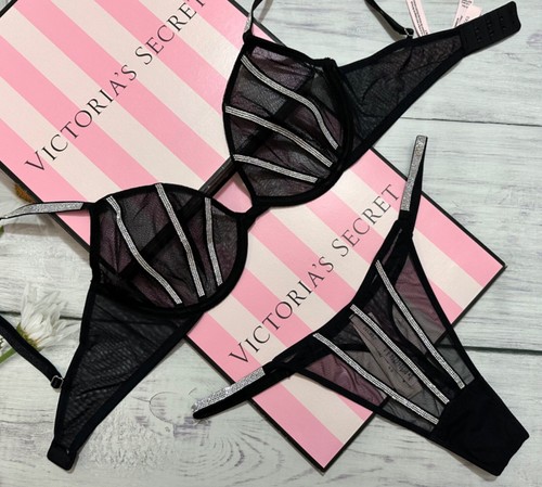 Victoria's Secret Shine Strap Unlined Low-Cut Demi Bra Thong Set Sheer ...
