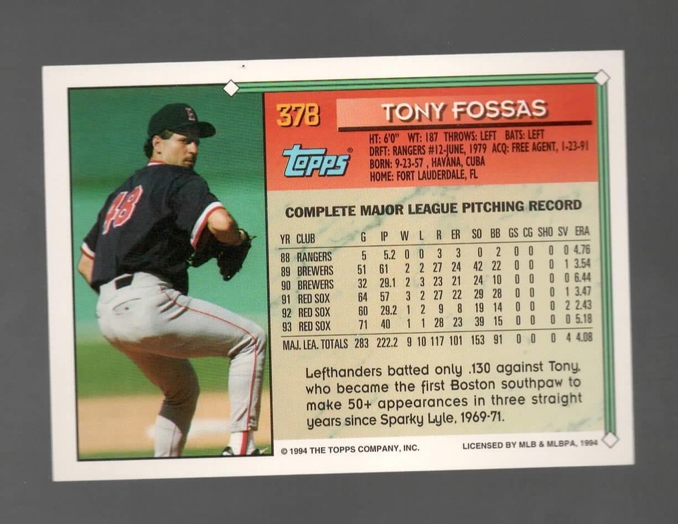 1994 Topps Tony Fossas Boston Red Sox #378 Near Mint or Better | eBay