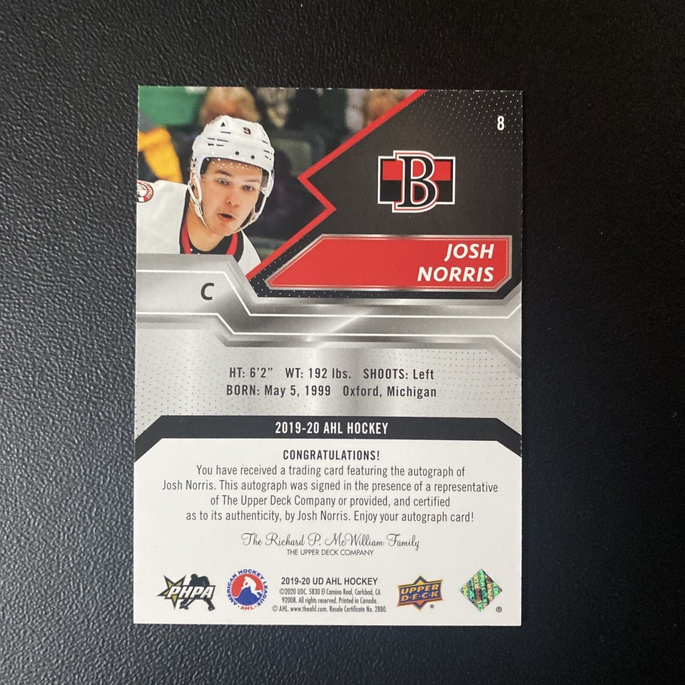 Josh Norris 2019-20 Upper Deck AHL Rookie Autograph Card #8 | eBay