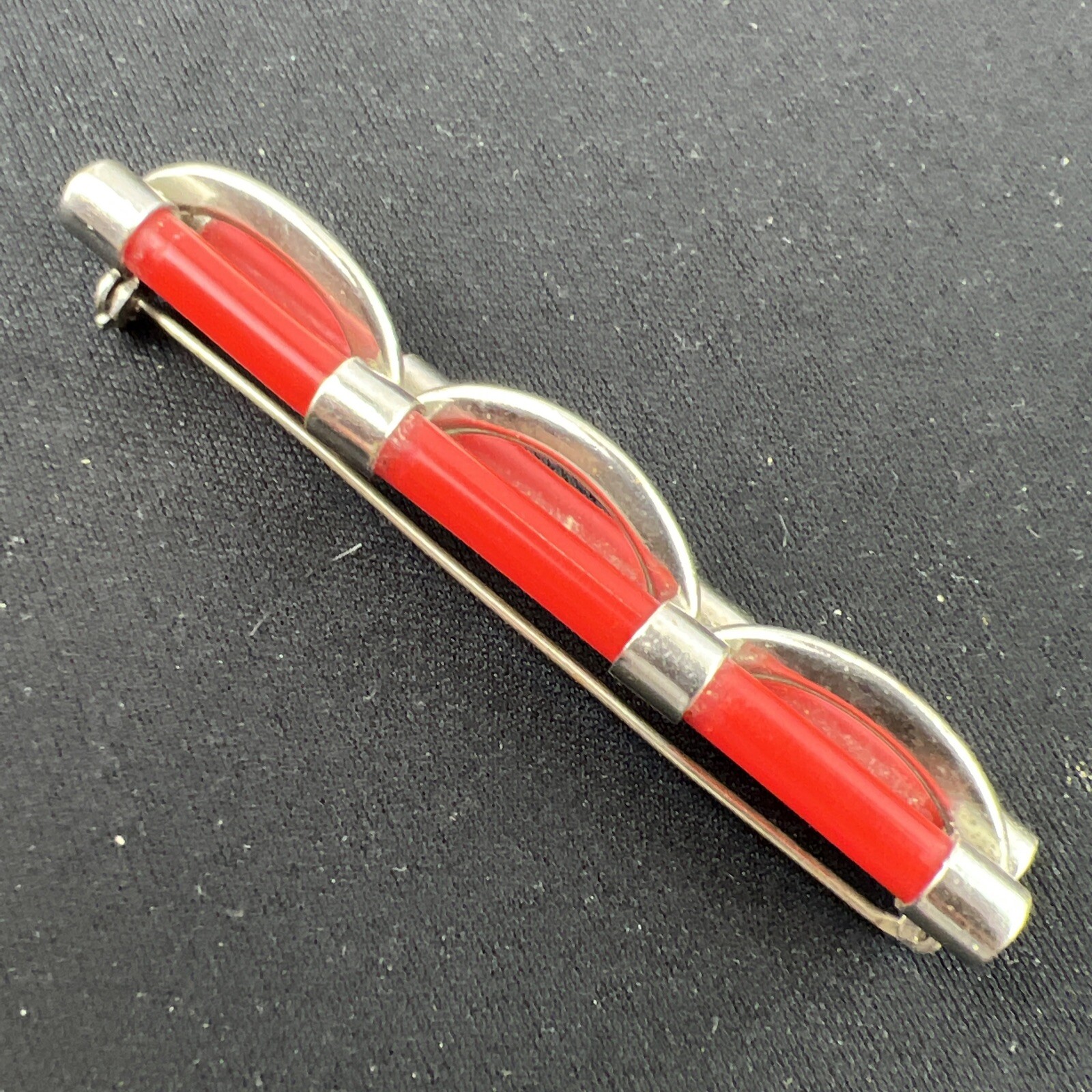 1940s Red Bakelite Pin Vintage Silver Tone 3.5” Lapel… - Gem