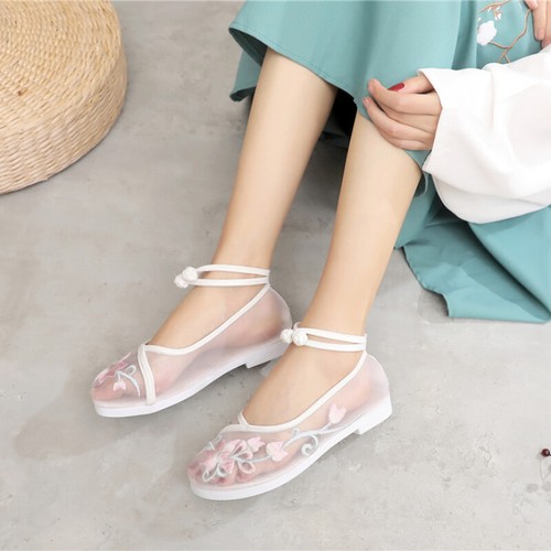 Women Chinese Mesh Shoes Embroidered Ethnic Floral Dancing Retro Sheer ...