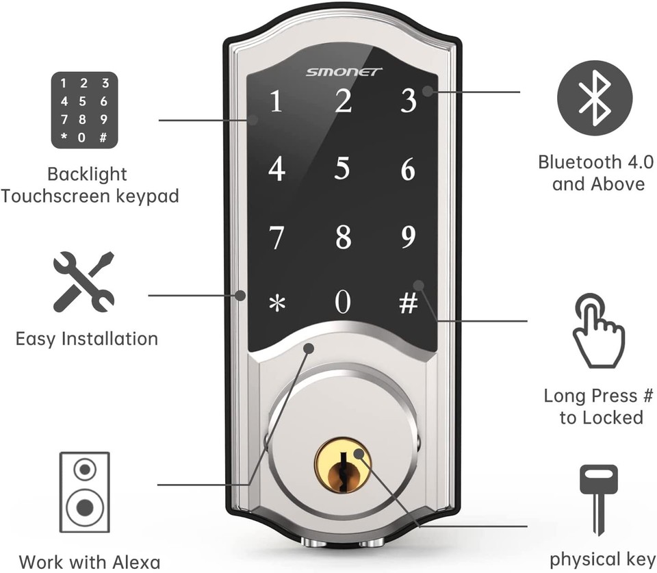 Smonet Silver Smart Deadbolt Lock Touchless Keypad Bluetooth Front Door ...