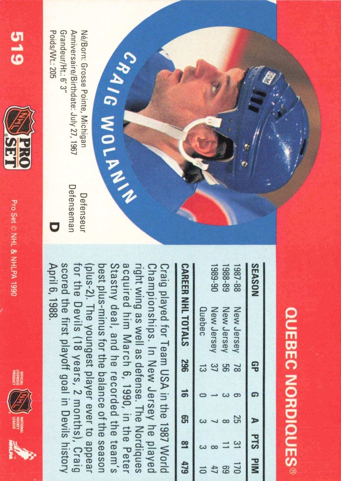 Craig Wolanin 1990 Pro Set #519 Quebec Nordiques | eBay