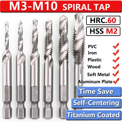 6x M3-M10 Drill Spiral Tap Bits HSS 1/4'' Hex Shank Metric Thread ...