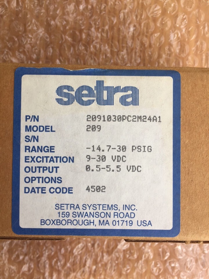 SETRA MODEL 209 PRESSURE TRANSDUCER RANGE: -14.7-30 PSIG Output 0.5-5.5 ...
