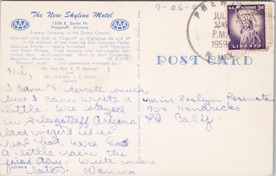 Skyline Motel Flagstaff Arizona AZ c1959 Vintage Postcard H1 | eBay