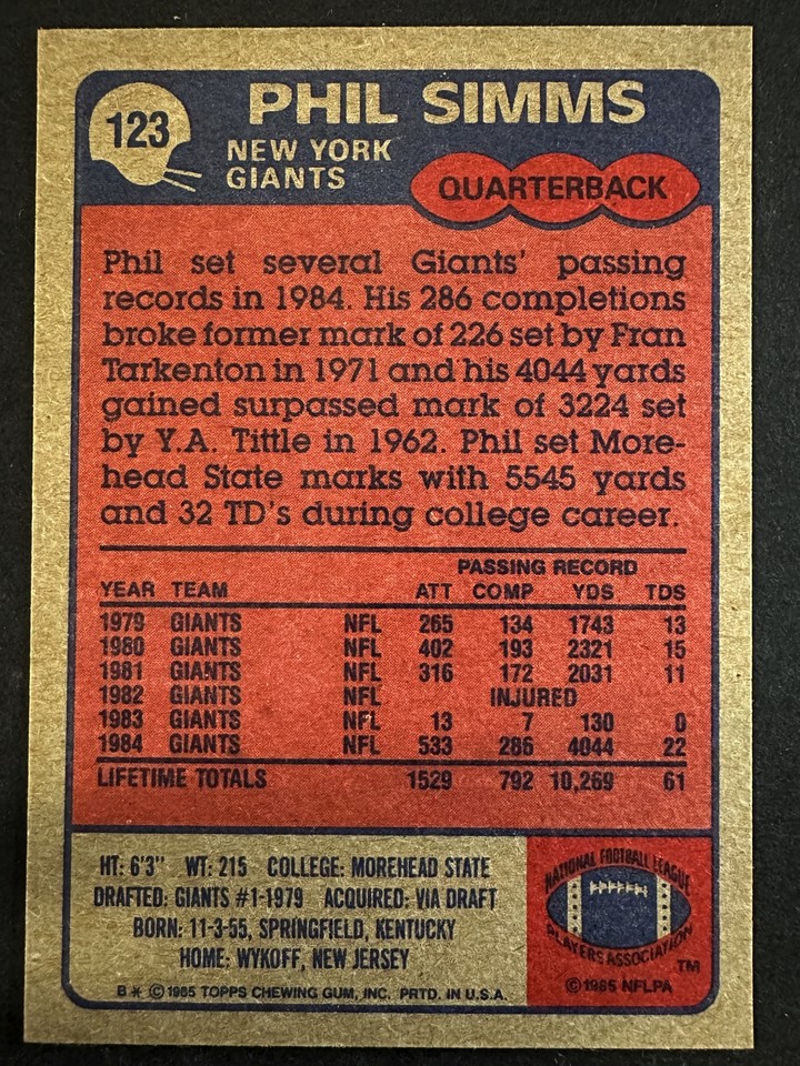 Phil Simms 1985 Topps Football New York Giants #123 | eBay