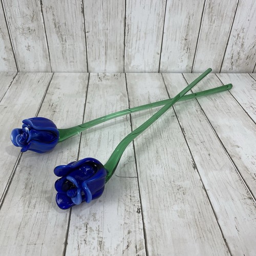 Vtg Hand Blown Blue Rose Art Glass Sculpted 19.5” Long Stemmed Flower ...