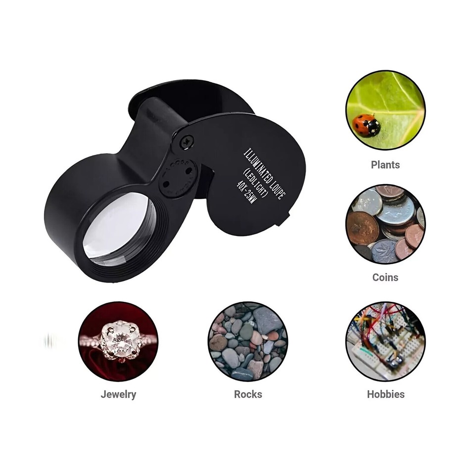 40X Magnifying Glass Jewelers Pocket Loupe Magnifier Lighted LED ...