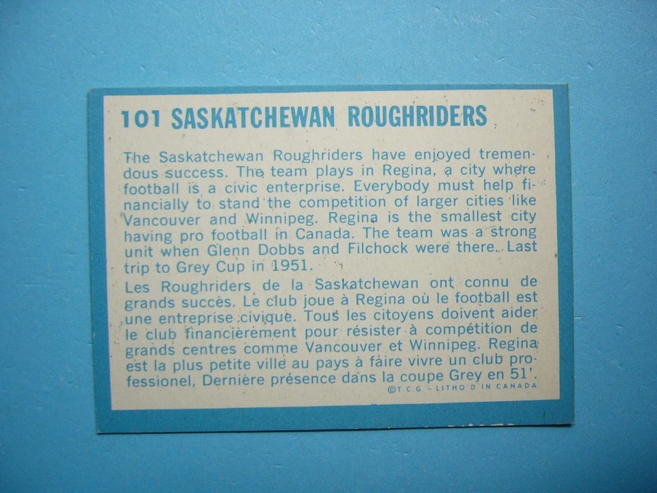 1961 TOPPS CFL FOOTBALL CARD #101 SASKATCHEWAN ROUGHRIDERS TEAM PICTURE ...
