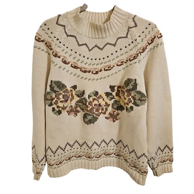 Eddie Bauer Vintage 90's Size L Cotton Sweater Pansy Floral Chunky Mock ...