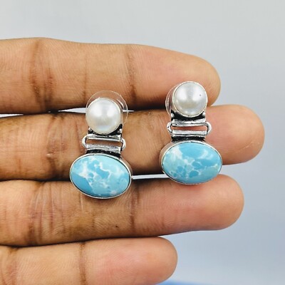 925 Sterling Silver Larimar & Mother Of Pearl Gemstone Jewelry Stud Earring | eBay